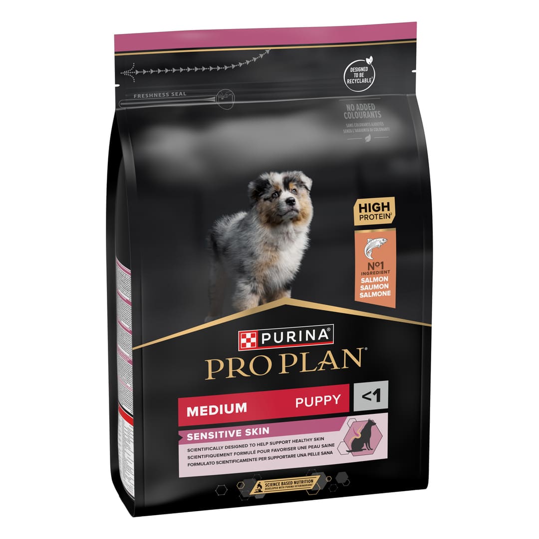 PRO PLAN® Medium Puppy Sensitive Skin Runsaasti Lohta | Purina FI